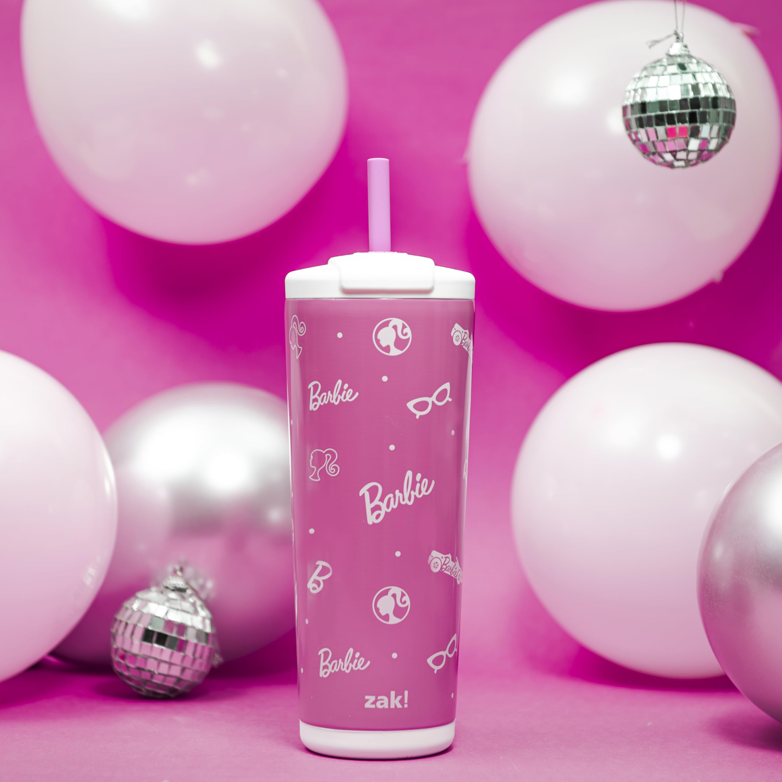 Zak Designs Barbie Beacon Straw Tumbler for Travel or At Home, 24oz Stainless Steel with Vacuum Insulation and Non-Skid Base (Barbie)