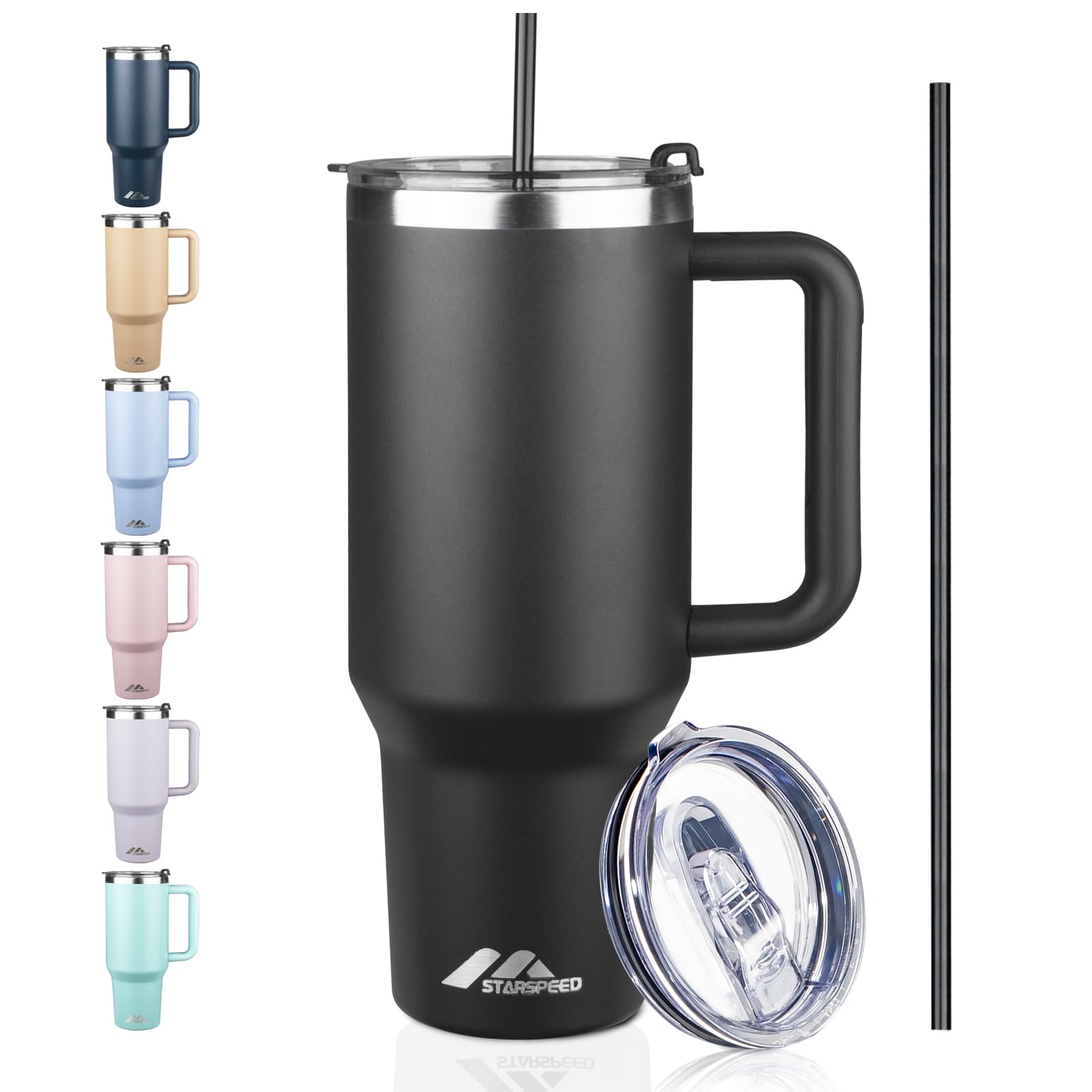 StarSpeed 40 oz Tumbler with Handle and Straw Lid | Stainless Steel Water Bottle Travel Mug Reusable Insulated Cup With Lid And Straw, Keep Cold Heat and Ice for Hours(40oz,Black)
