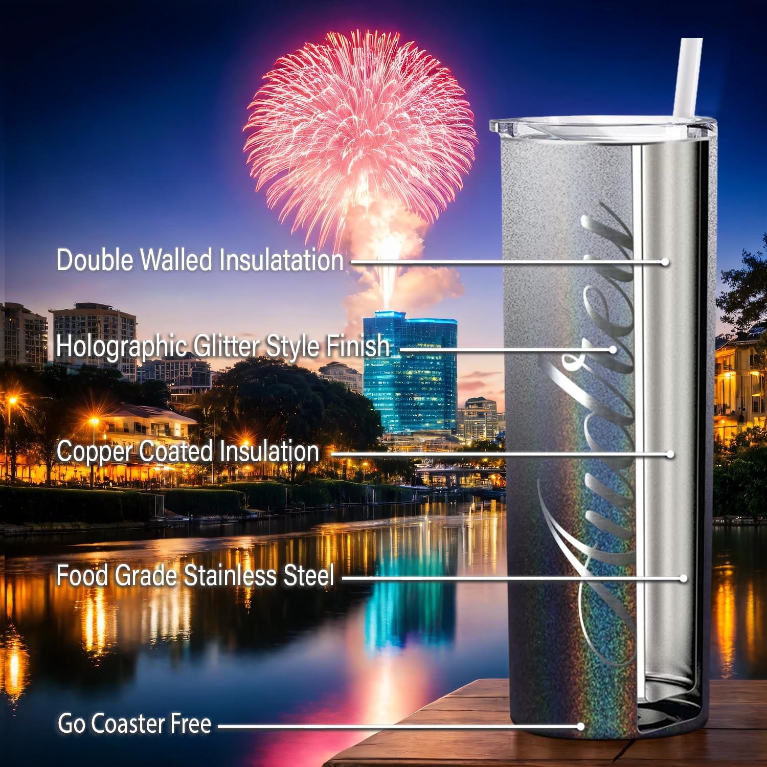 Personalized Skinny 20 oz with Lid Spectrum Gleam Customized Laser Engraved Cup Gift Stainless Steel Vacuum Insulated Mug