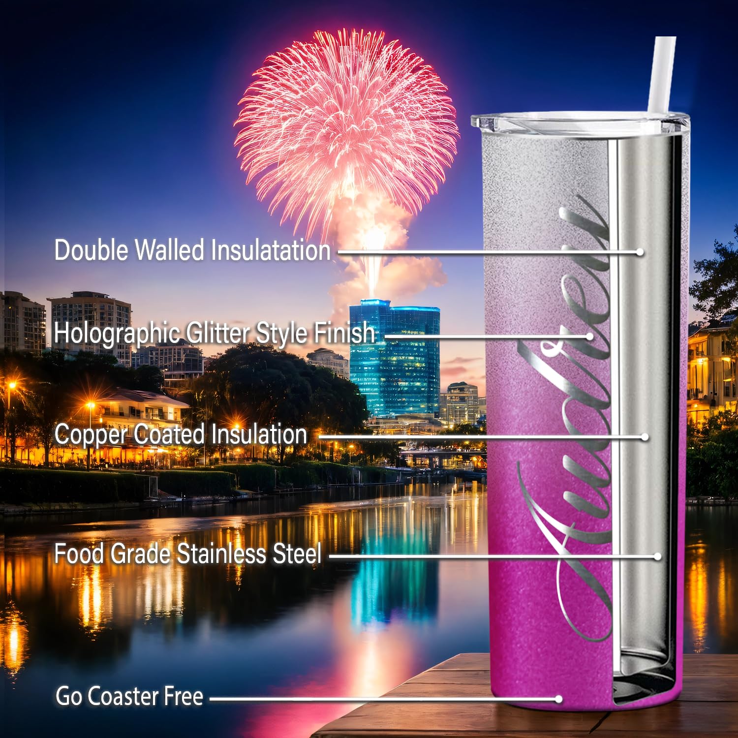 Personalized Skinny 20 oz with Lid Frosted Fuchsia Customized Laser Engraved Cup Gift Stainless Steel Vacuum Insulated Mug