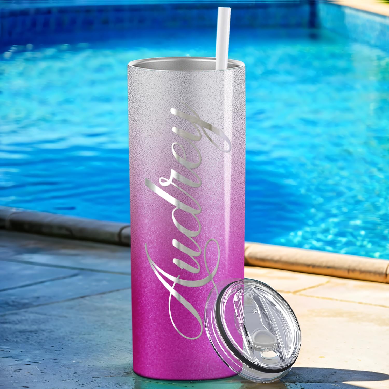 Personalized Skinny 20 oz with Lid Frosted Fuchsia Customized Laser Engraved Cup Gift Stainless Steel Vacuum Insulated Mug