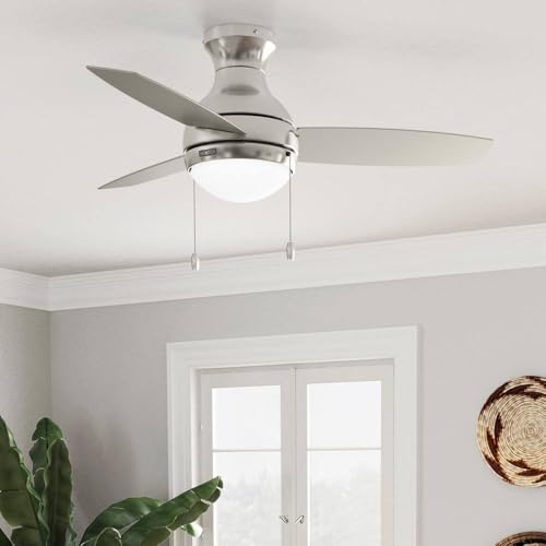 Hunter Fan 44 inch Brushed Nickel Indoor Ceiling Fan with LED Light and Pull Chain for Bedroom, Living Room, Office, Basement, Kitchen (Renewed)