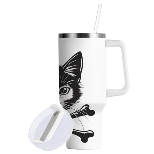 ODAWA Cat Skull Travel Tumbler 30 Oz Water Cup with Straw and Lid