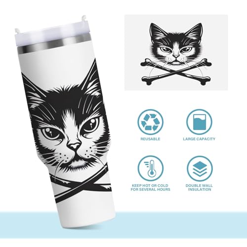 ODAWA Cat Skull Travel Tumbler 30 Oz Water Cup with Straw and Lid