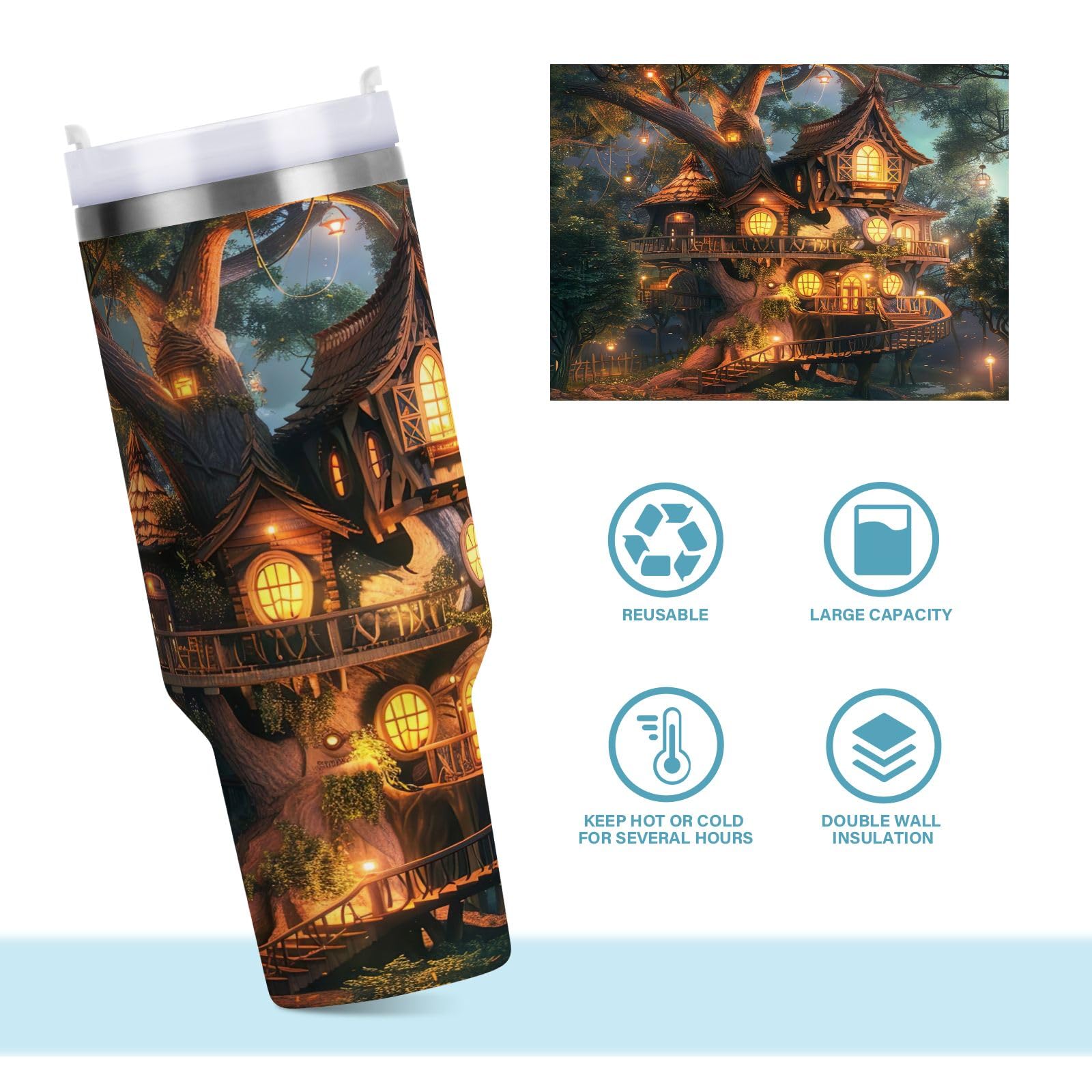 ODAWA Bright Fantasy Tree House Insulated Coffee Mug with Lid Coffee Tumbler Reusable Stainless Steel Tumblers