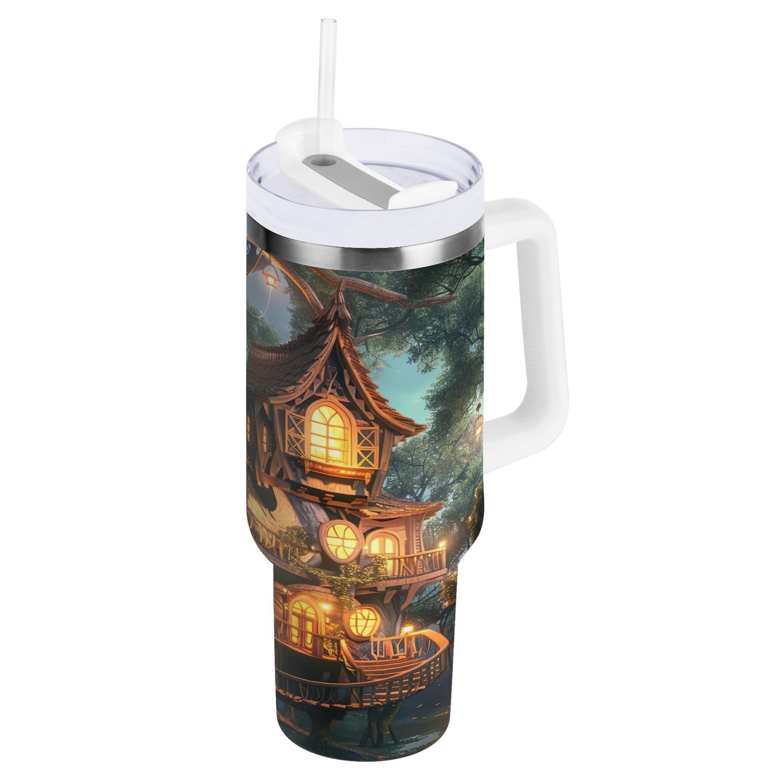ODAWA Bright Fantasy Tree House Insulated Coffee Mug with Lid Coffee Tumbler Reusable Stainless Steel Tumblers