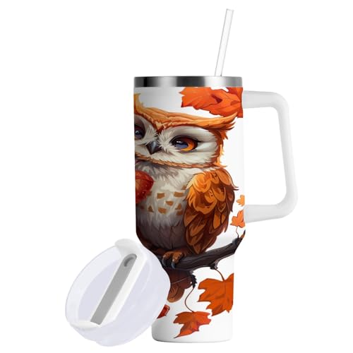 ODAWA Owl Maple Leaf Travel Coffee Tumbler 30 Oz Travel Mug with Handle and Straw