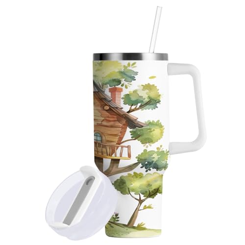 ODAWA Hand Painted Tree House Insulated Cup with Handle Insulated Tumblers Reusable Stainless Steel Water Bottle
