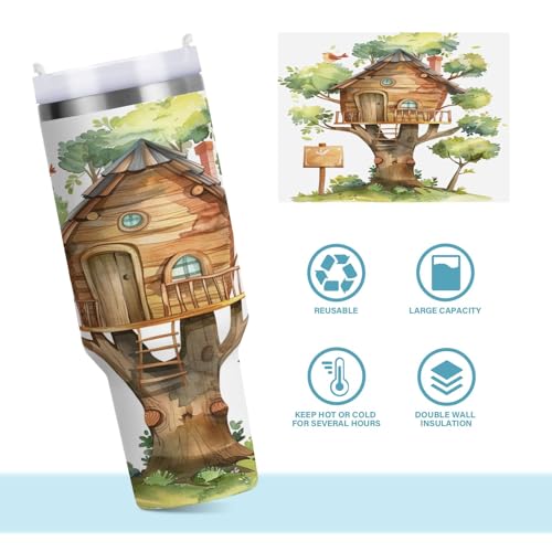 ODAWA Hand Painted Tree House Insulated Cup with Handle Insulated Tumblers Reusable Stainless Steel Water Bottle
