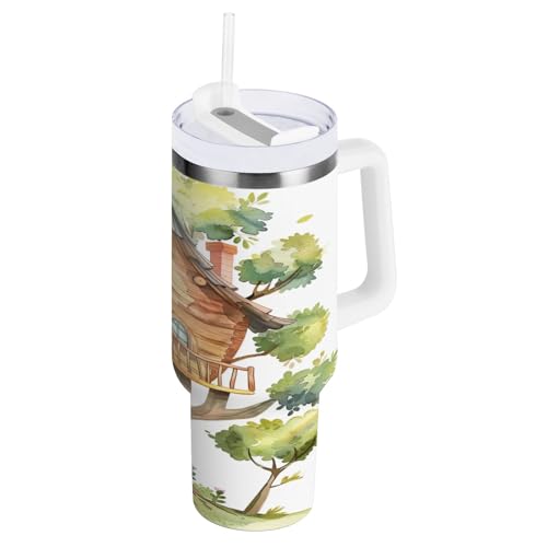 ODAWA Hand Painted Tree House Insulated Cup with Handle Insulated Tumblers Reusable Stainless Steel Water Bottle