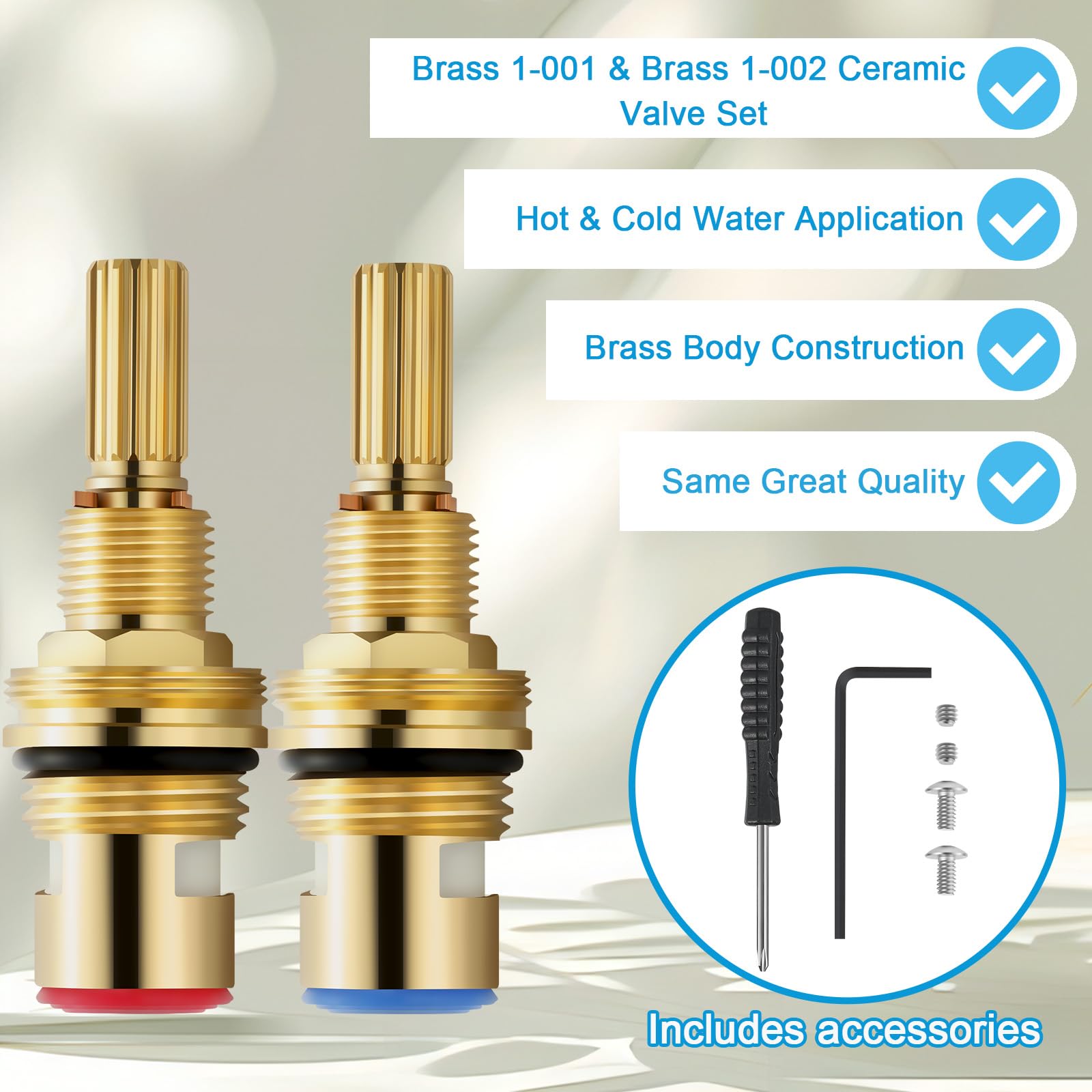 Brass 1-001 & Brass 1-002 Ceramic Valve Cartridge, Compatible with Cold widespread Cartridge and Hot widespread Cartridge, Brass Construction, include Brass 1-001 & Brass 1-002
