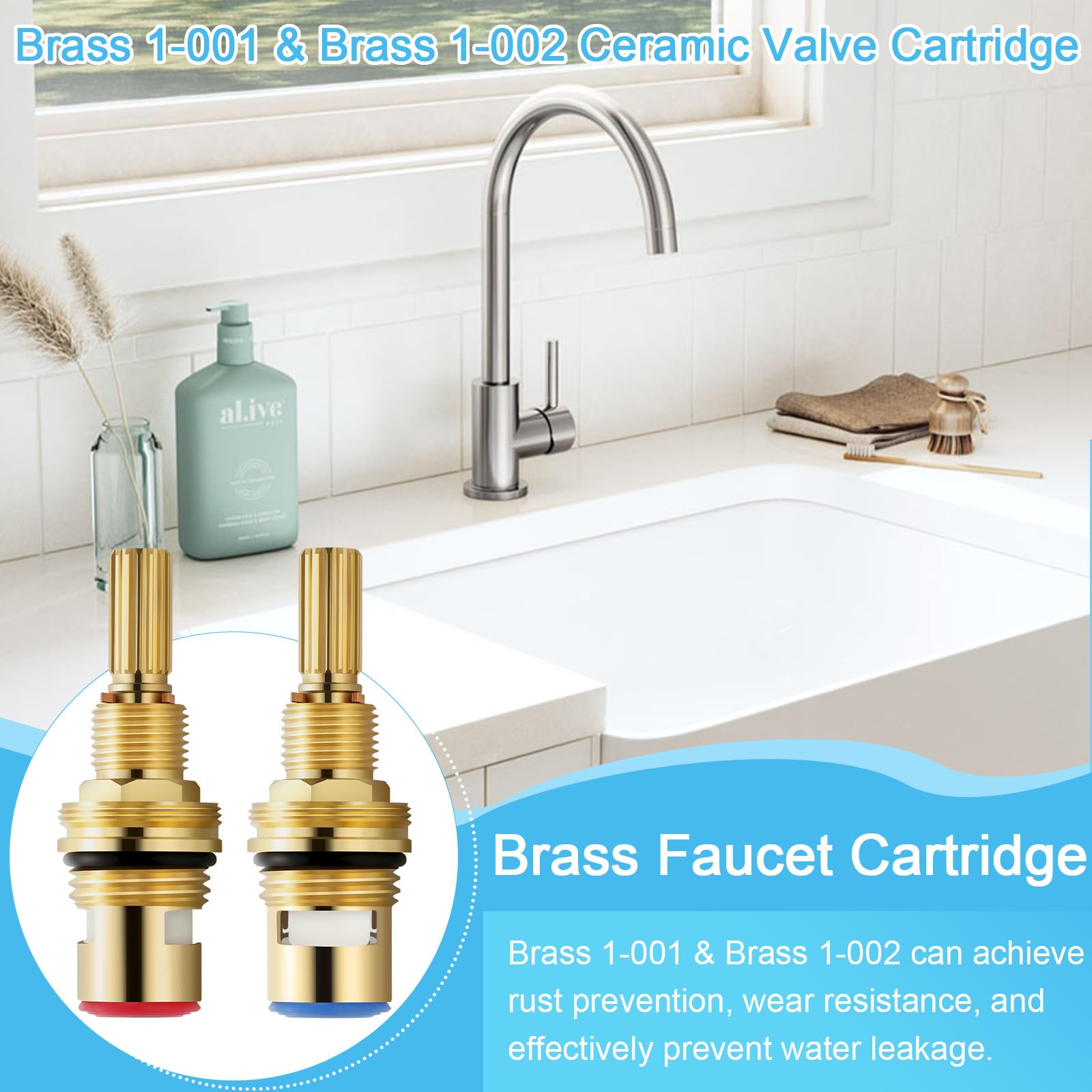 Brass 1-001 & Brass 1-002 Ceramic Valve Cartridge, Compatible with Cold widespread Cartridge and Hot widespread Cartridge, Brass Construction, include Brass 1-001 & Brass 1-002