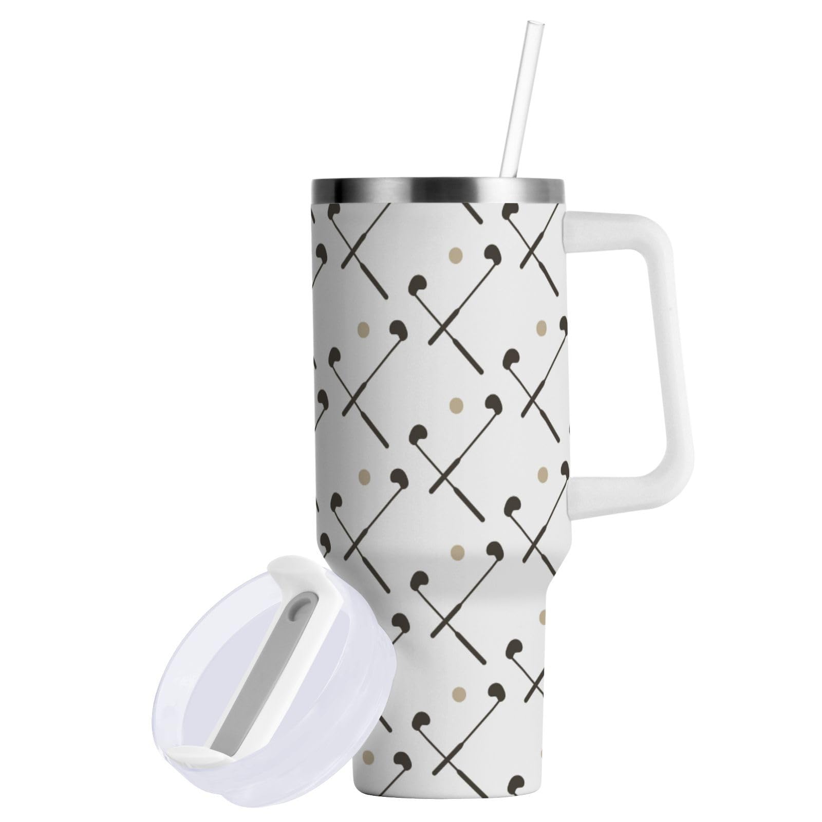 Retro Golf Clubs Balls Grey Tumbler with Handle and Straw Lid, 30 oz Insulated Coffee Cup Stainless Steel Water Bottle Travel Mug Cupholder Friendly,Gifts for Women Men