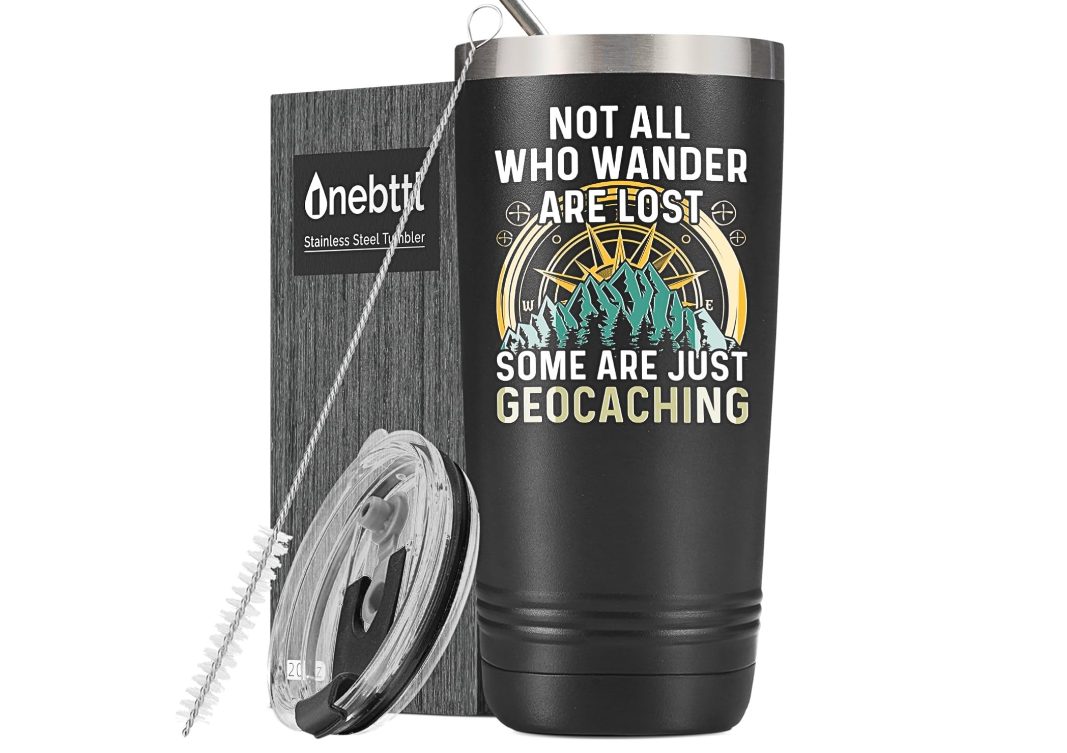 Onebttl Geocache Gifts For Women, Men, Gifts for Geocaching Lover, 20 oz/590 ml Stainless Steel Insulated Tumbler with Straw, Lid, Not All Who Wander are Lost, Some are Just Geocaching