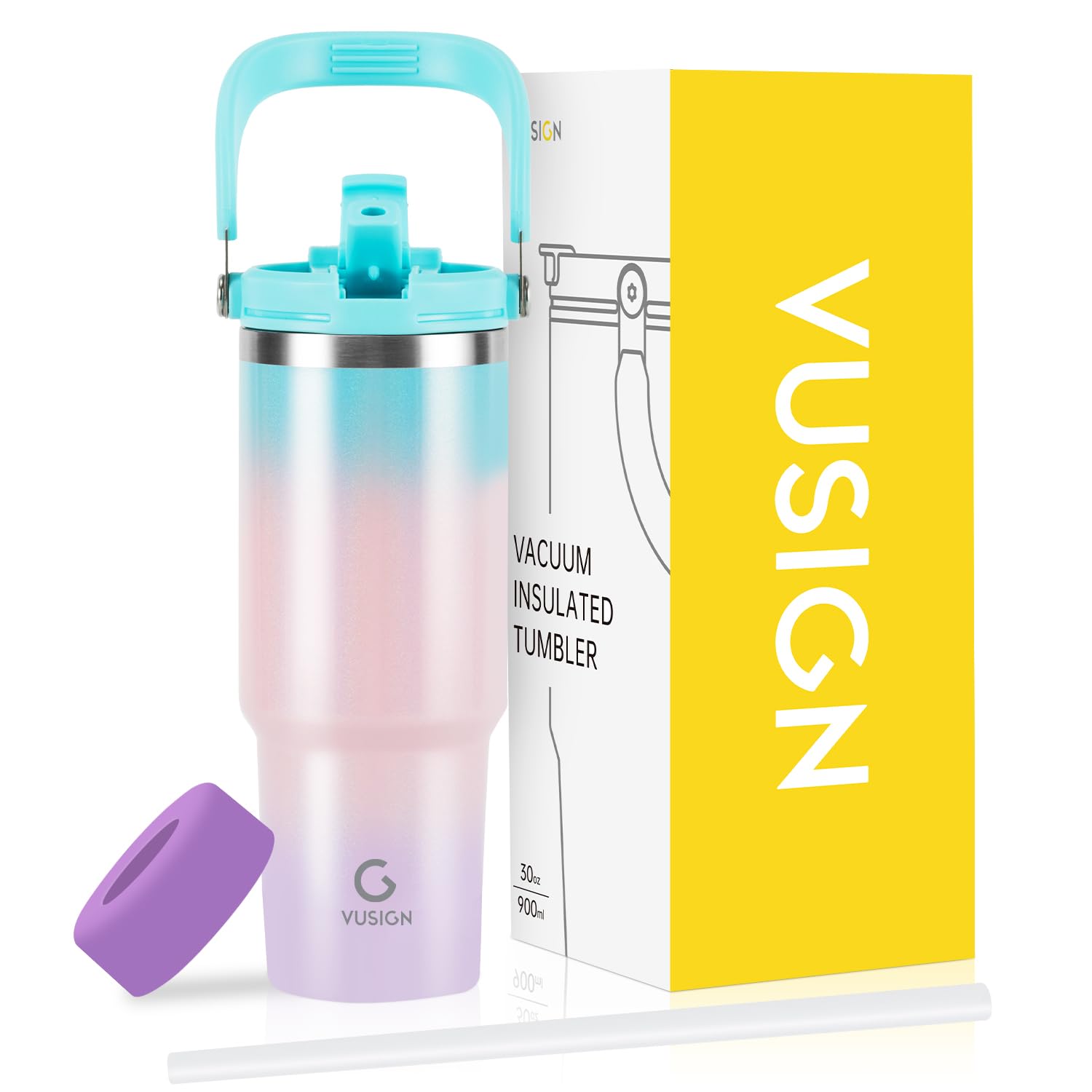 VUSIGN 30 oz Tumbler with Handle and Flip Straw, Stainless Steel Vacuum Insulated Water Bottle Travel Mug Thermal Cup for Home, Office, Car, Outdoors, Sports, Carnival