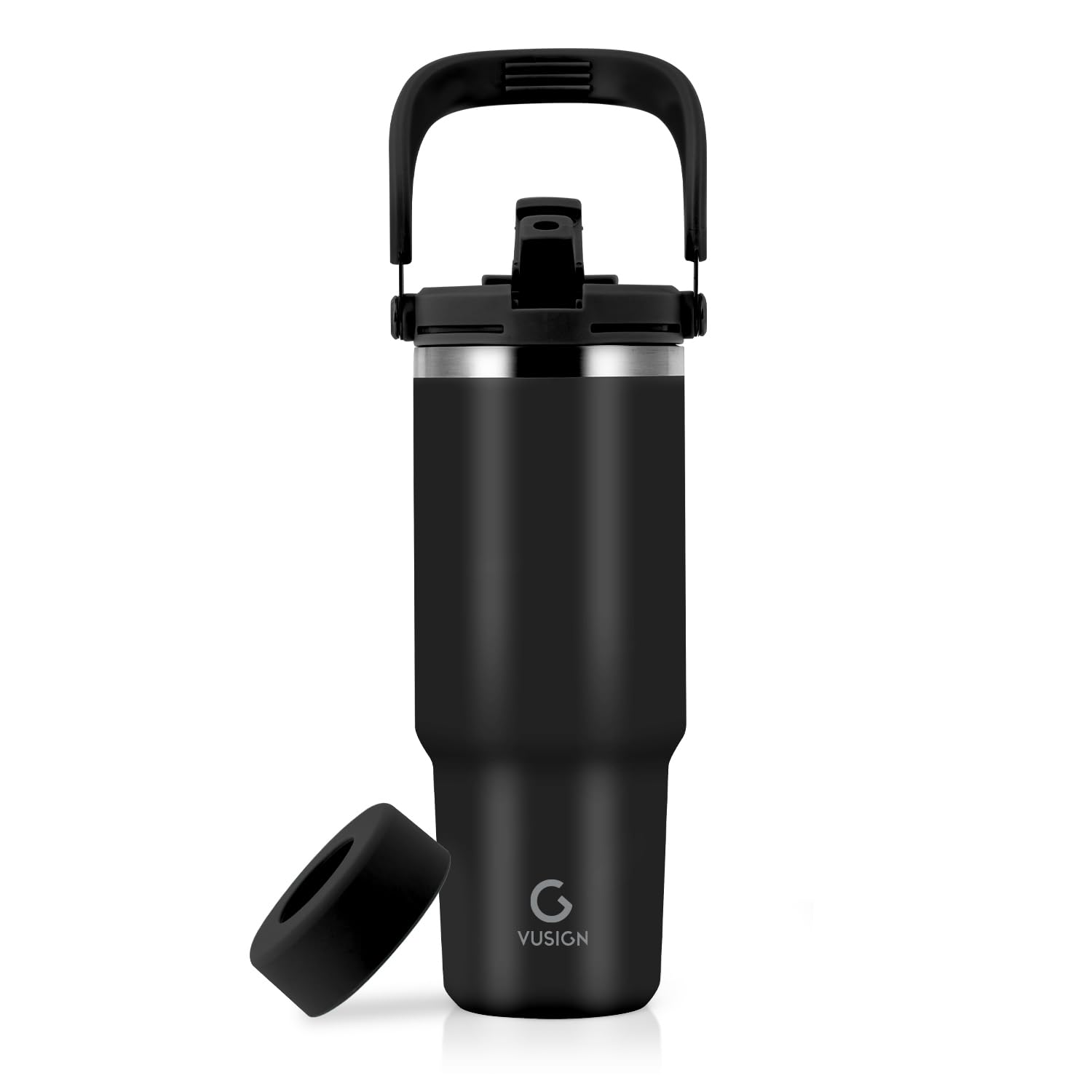 VUSIGN 30 oz Tumbler with Handle and Flip Straw, Stainless Steel Vacuum Insulated Water Bottle Travel Mug Thermal Cup for Home, Office, Car, Outdoors, Sports, Black