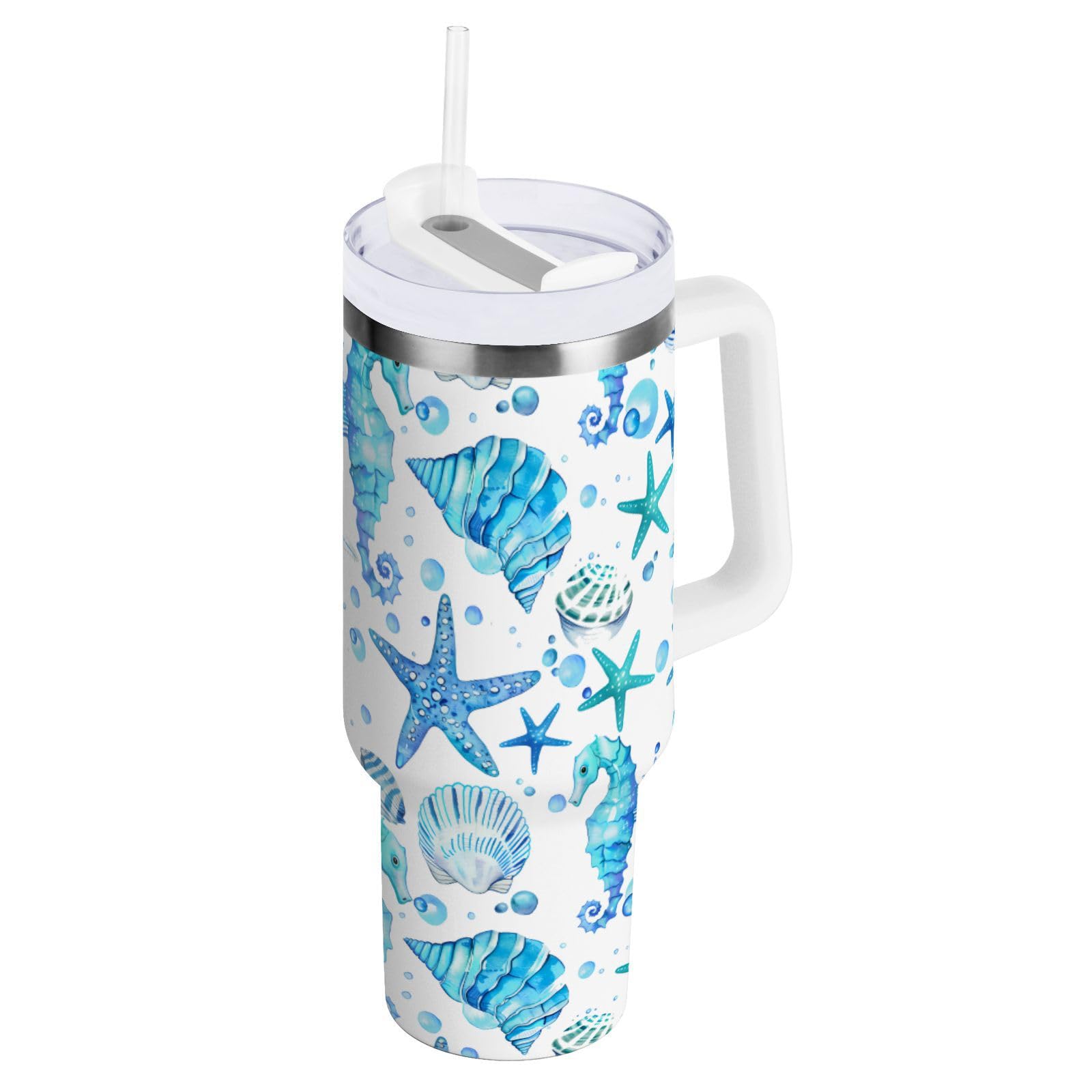 YKZEYK Blue Seahorses Starfish 40 OZ Tumbler with Handle And Straw Insulated Tumblers Coffee Mug Travel Cup Stainless Steel Tumblers Tumbler