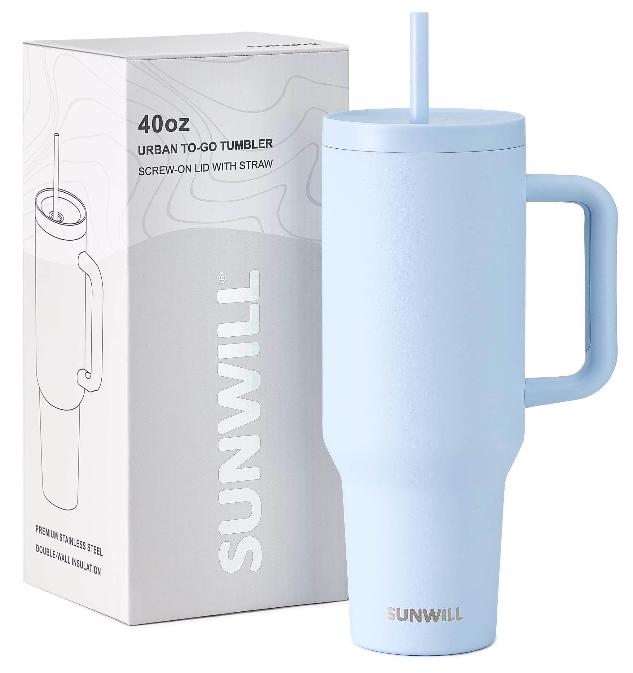 SUNWILL 40 oz Tumbler With Handle and Straw Lid, Coffee Tumbler Cups, Insulated Reusable Stainless Steel Travel Coffee Mug for Travel & Outdoor, Cupholder Friendly, Iceberg