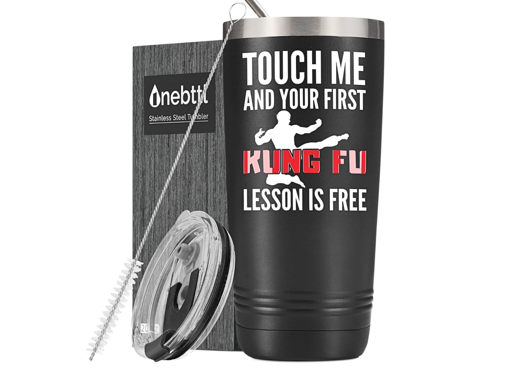 Onebttl Kung Fu Gifts For Men Women, Gifts for Kung Fu Lover, Touch Me and Your First Kung Fu Lesson is Free 20 oz Stainless Steel Insulated Tumbler with Straw, Lid