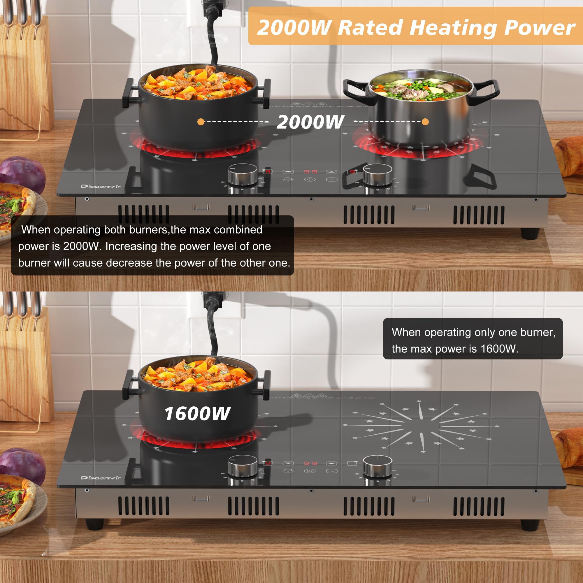 Disaenvir 2 Burner Electric Cooktop 110V - 24 Inch Ceramic Stove Top Countertop & Built-in, 2000W Two Burner Radiant Electric Cook Top with LCD Touch & Knob Control, Timer, Safety Lock, 120V Plug in