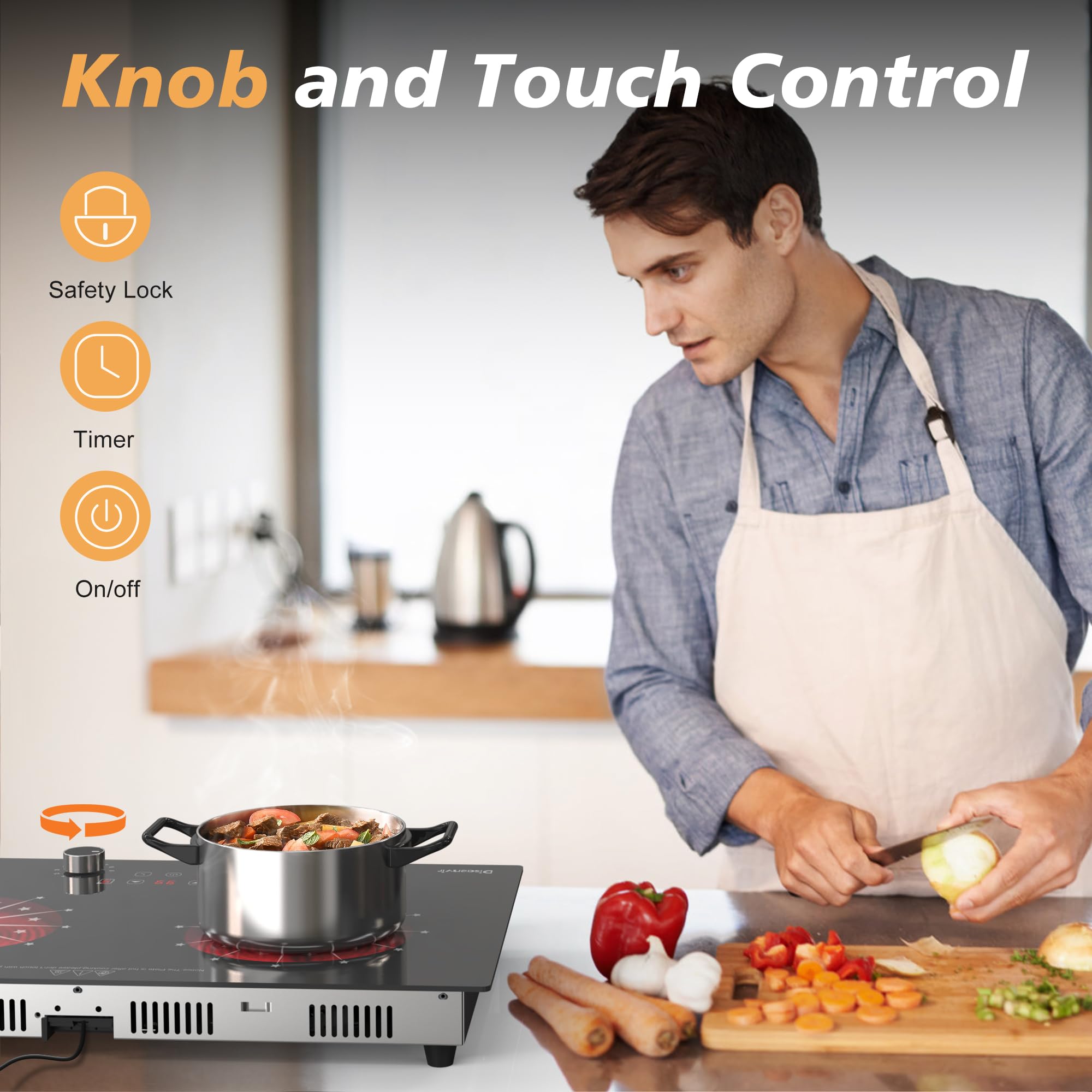 Disaenvir 2 Burner Electric Cooktop 110V - 24 Inch Ceramic Stove Top Countertop & Built-in, 2000W Two Burner Radiant Electric Cook Top with LCD Touch & Knob Control, Timer, Safety Lock, 120V Plug in
