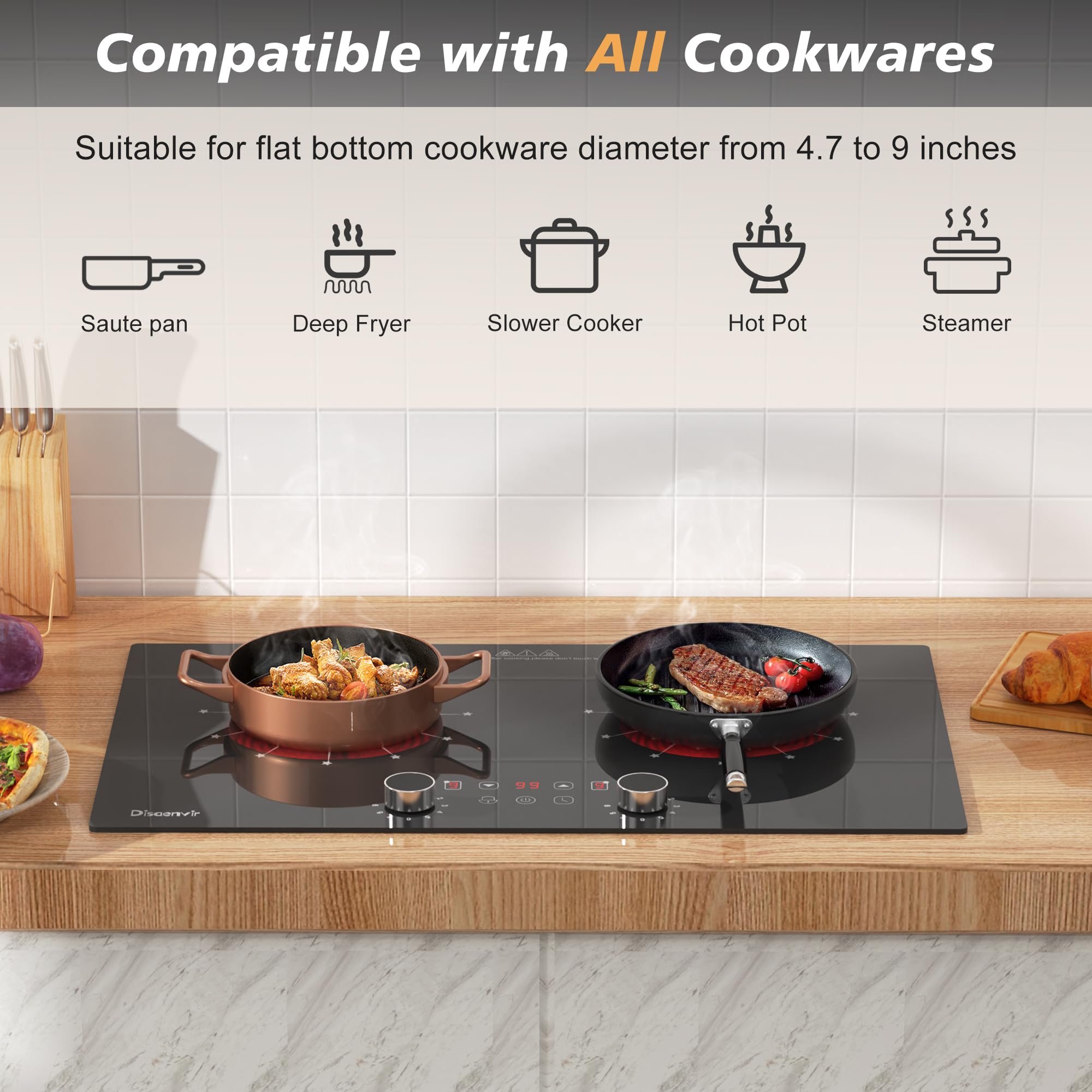 Disaenvir 2 Burner Electric Cooktop 110V - 24 Inch Ceramic Stove Top Countertop & Built-in, 2000W Two Burner Radiant Electric Cook Top with LCD Touch & Knob Control, Timer, Safety Lock, 120V Plug in