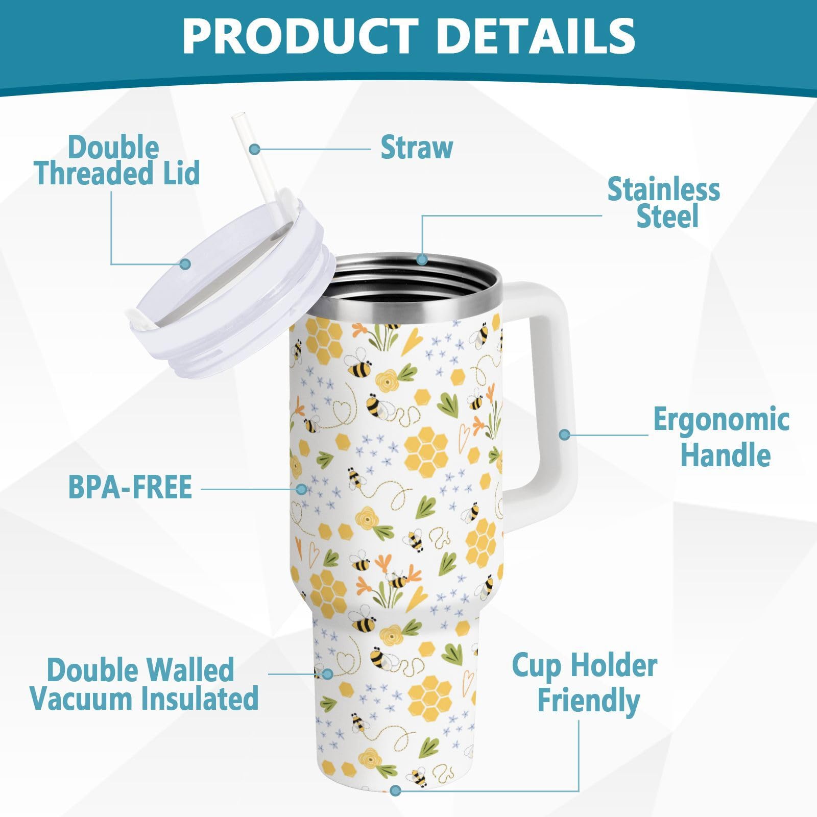 MCHIVER Bee Honey 30 oz Tumbler with Handle and Straw Stainless Steel Vacuum Water Bottle Leak-proof Travel Coffee Mug Thermos Water Bottle for Hot Cold Beverages