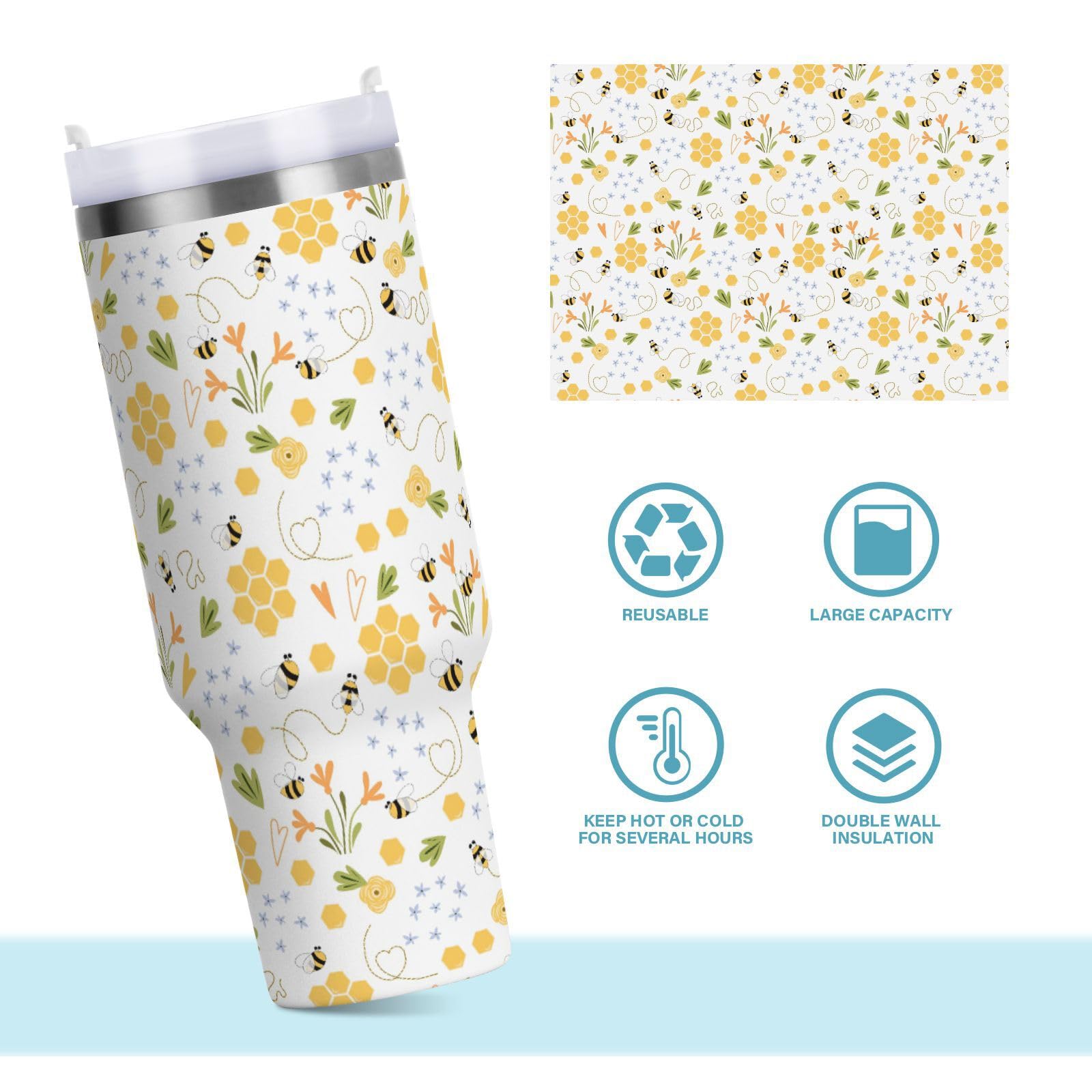 MCHIVER Bee Honey 30 oz Tumbler with Handle and Straw Stainless Steel Vacuum Water Bottle Leak-proof Travel Coffee Mug Thermos Water Bottle for Hot Cold Beverages