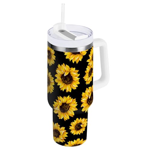 MCHIVER Black Sunflowers 30 oz Tumbler with Handle and Straw Stainless Steel Vacuum Water Bottle Leak-proof Travel Coffee Mug Insulated Water Bottle for Car Home Office