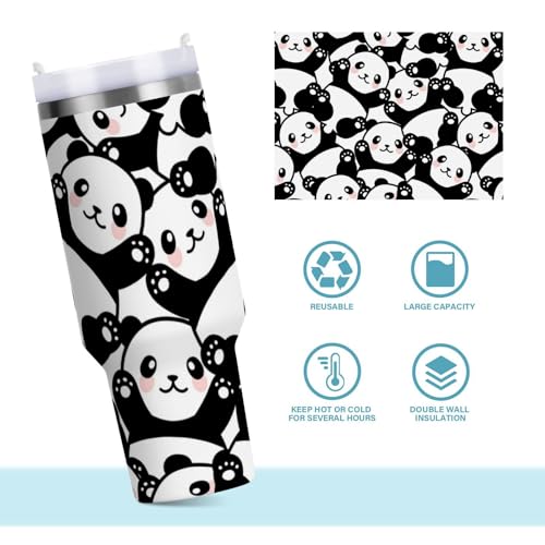 MCHIVER Cute Panda 30 oz Tumbler with Handle and Straw Stainless Steel Vacuum Water Bottle Leak-proof Travel Coffee Mug Insulated Tumbler for Home Office Car