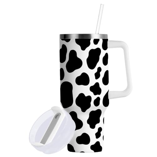 MCHIVER Cow Pattern 40 oz Tumbler with Handle and Straw Stainless Steel Vacuum Water Bottle Leak-proof Travel Coffee Mug Insulated Cup for Home Office Car