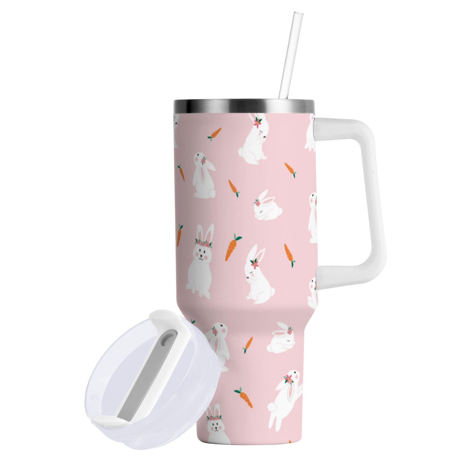 MCHIVER Easter Bunnies 40 oz Tumbler with Handle and Straw Stainless Steel Vacuum Water Bottle Leak-proof Travel Coffee Mug Thermos Water Bottle for Iced Tea Coffee