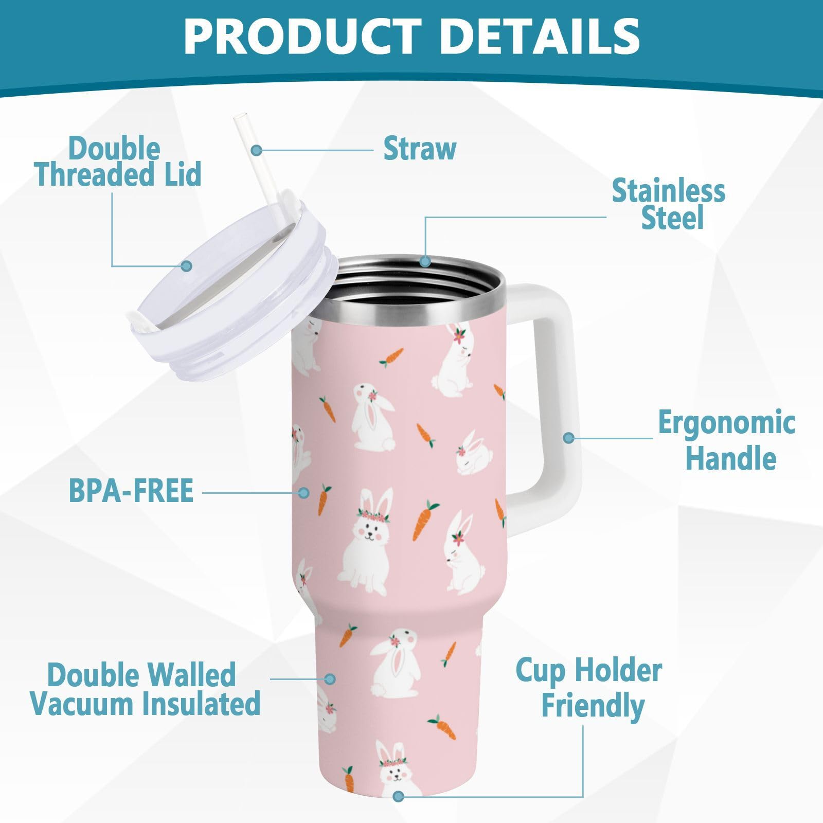 MCHIVER Easter Bunnies 40 oz Tumbler with Handle and Straw Stainless Steel Vacuum Water Bottle Leak-proof Travel Coffee Mug Thermos Water Bottle for Iced Tea Coffee