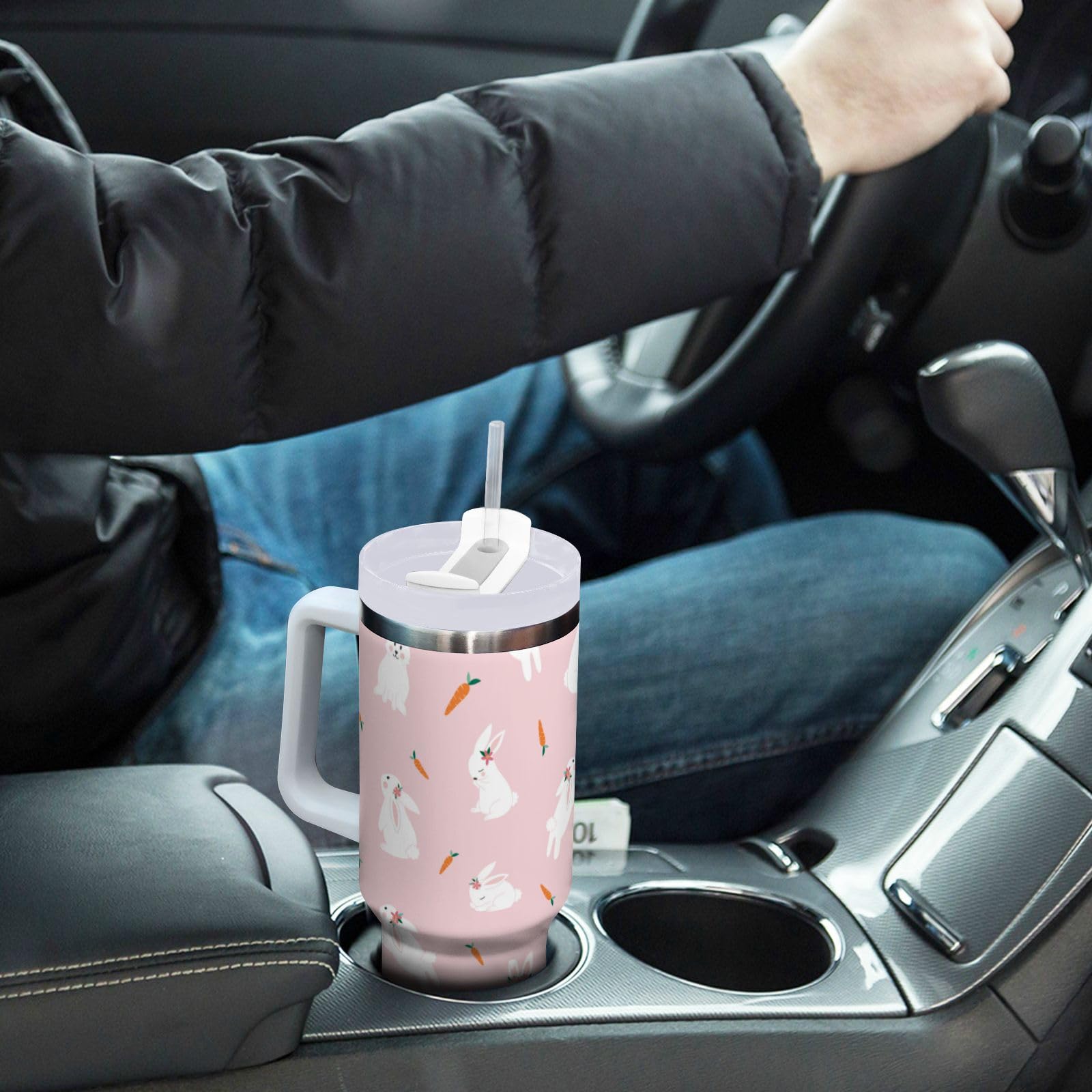 MCHIVER Easter Bunnies 40 oz Tumbler with Handle and Straw Stainless Steel Vacuum Water Bottle Leak-proof Travel Coffee Mug Thermos Water Bottle for Iced Tea Coffee