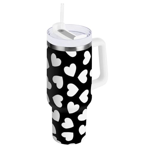 MCHIVER Heart Black 40 oz Tumbler with Handle and Straw Stainless Steel Vacuum Water Bottle Leak-proof Travel Coffee Mug Thermos Water Bottle for Iced Tea Coffee