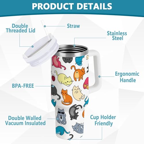 MCHIVER Cats White 40 oz Tumbler with Handle and Straw Stainless Steel Vacuum Water Bottle Leak-proof Travel Coffee Mug Thermos Water Bottle for Hot Cold Beverages