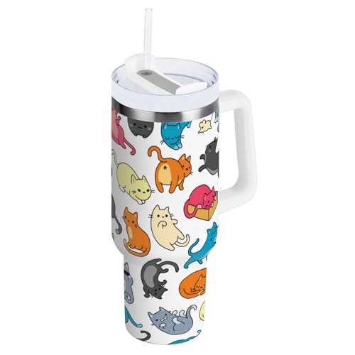 MCHIVER Cats White 40 oz Tumbler with Handle and Straw Stainless Steel Vacuum Water Bottle Leak-proof Travel Coffee Mug Thermos Water Bottle for Hot Cold Beverages