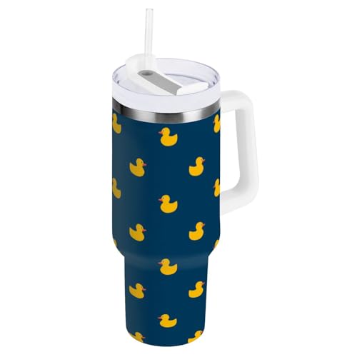 MCHIVER Blue Yellow Ducks 30 oz Tumbler with Handle and Straw Stainless Steel Vacuum Water Bottle Leak-proof Travel Coffee Mug Insulated Tumbler for Hot Cold Beverages