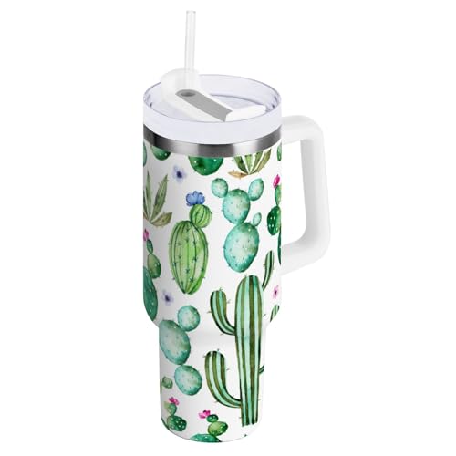 MCHIVER Cactus Succulent Floral 30 oz Tumbler with Handle and Straw Stainless Steel Vacuum Water Bottle Leak-proof Travel Coffee Mug Insulated Tumbler for Home Car Office