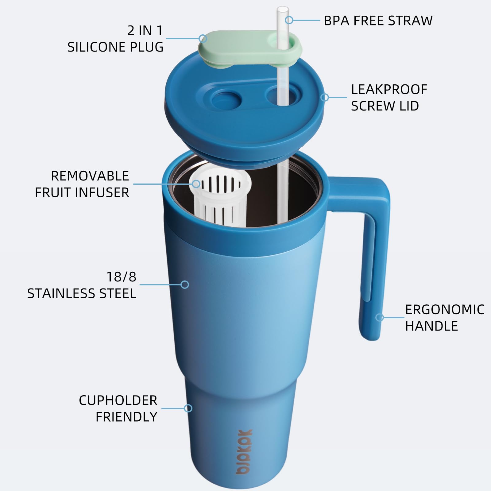 BJPKPK 40oz Tumbler With Handle And Fruit Infuser Insulated Tumblers With Lid And Straw Stainless Steel Travel Coffee Thermal Cup,Blue