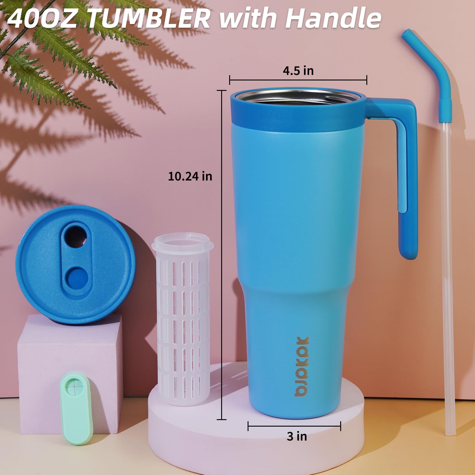 BJPKPK 40oz Tumbler With Handle And Fruit Infuser Insulated Tumblers With Lid And Straw Stainless Steel Travel Coffee Thermal Cup,Blue