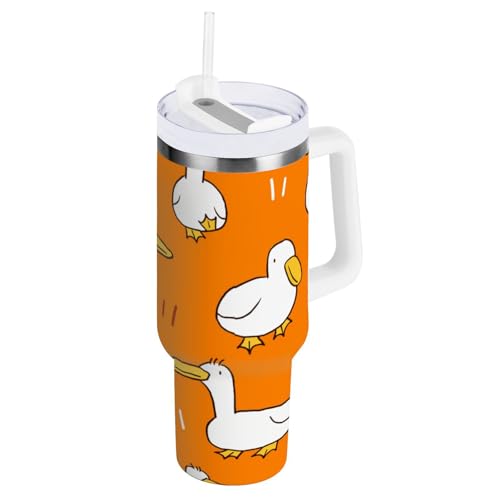 MCHIVER Cartoon Duck Orange 30 oz Tumbler with Handle and Straw Stainless Steel Vacuum Water Bottle Leak-proof Travel Coffee Mug Insulated Water Bottle for Water Iced Tea Coffee