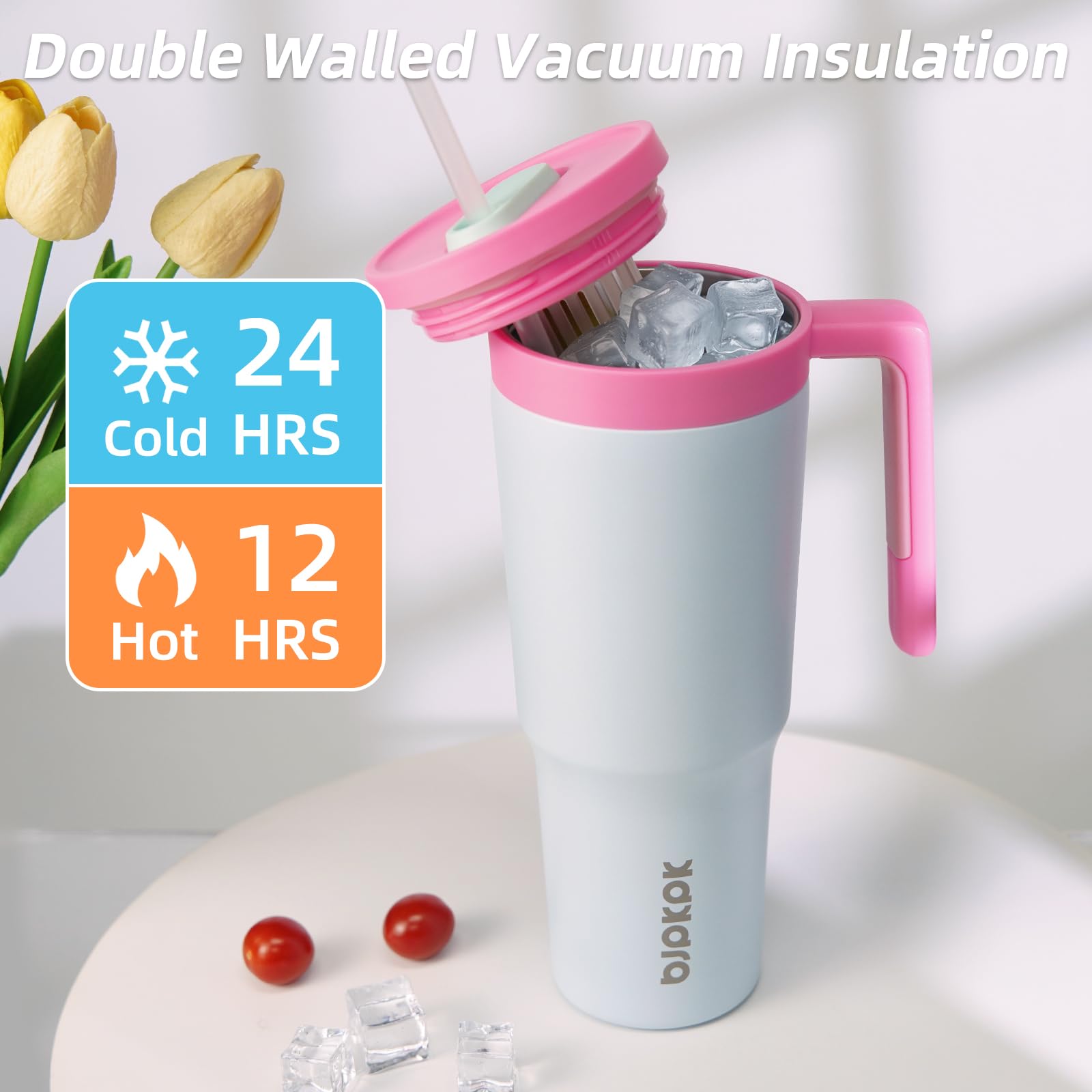 BJPKPK 40oz Tumbler With Handle And Straw Insulated Tumblers Cups With Lid Stainless Steel Travel Coffee Mug With Fruit Infuser,Light Gray