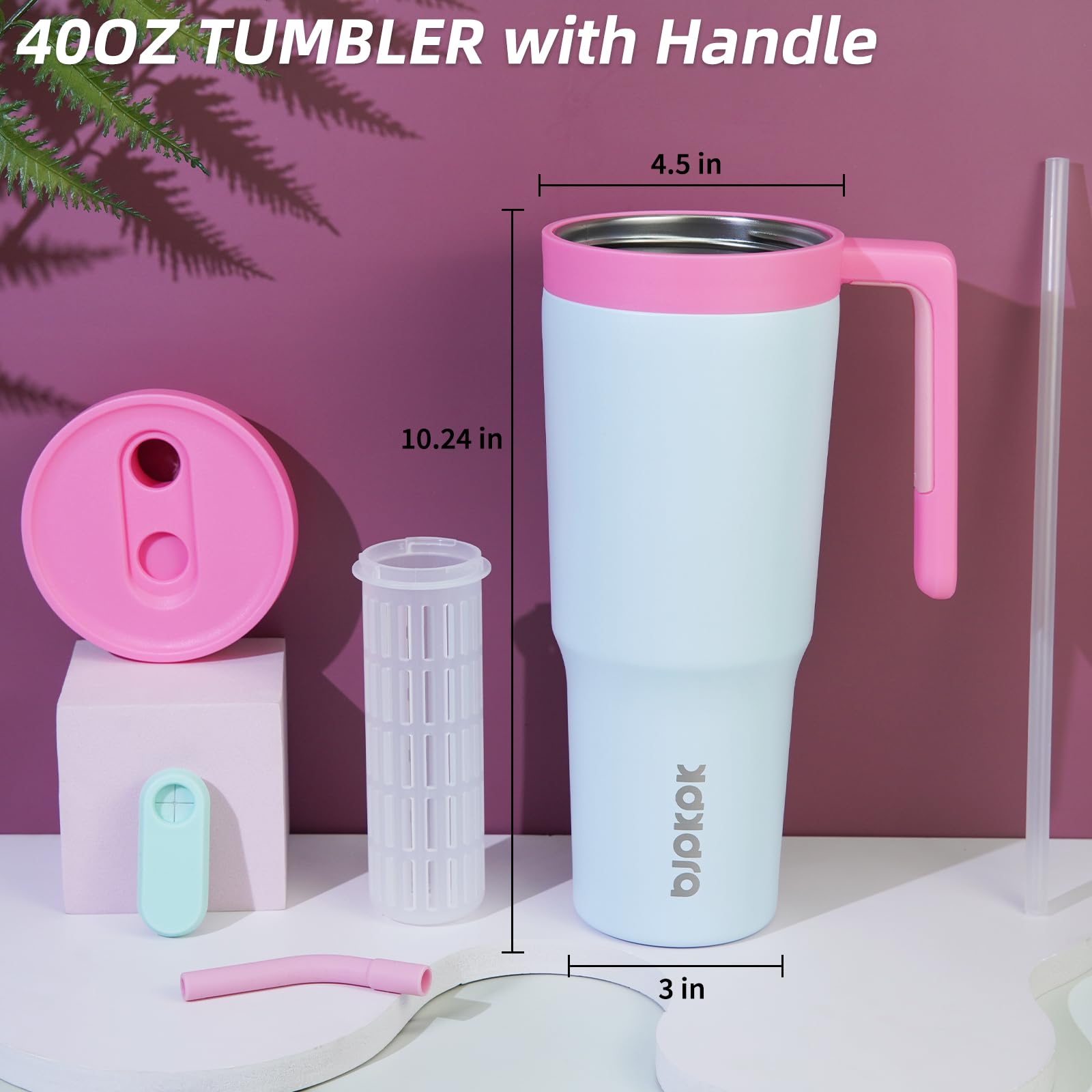 BJPKPK 40oz Tumbler With Handle And Straw Insulated Tumblers Cups With Lid Stainless Steel Travel Coffee Mug With Fruit Infuser,Light Gray