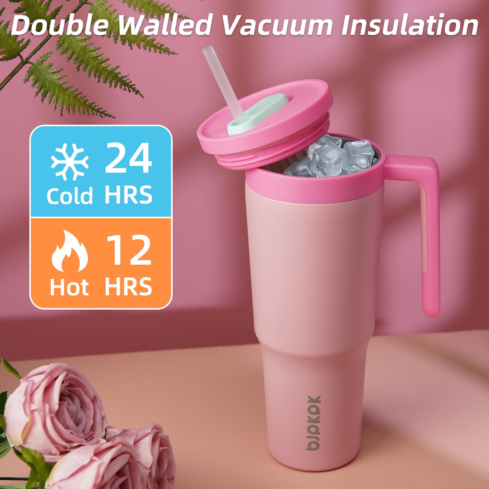 BJPKPK Insulated Tumblers With Handle And Straw 40oz Stainless Steel Travel Coffee Mug Tumbler Cups With Lid And Fruit Infuser,Light Pink
