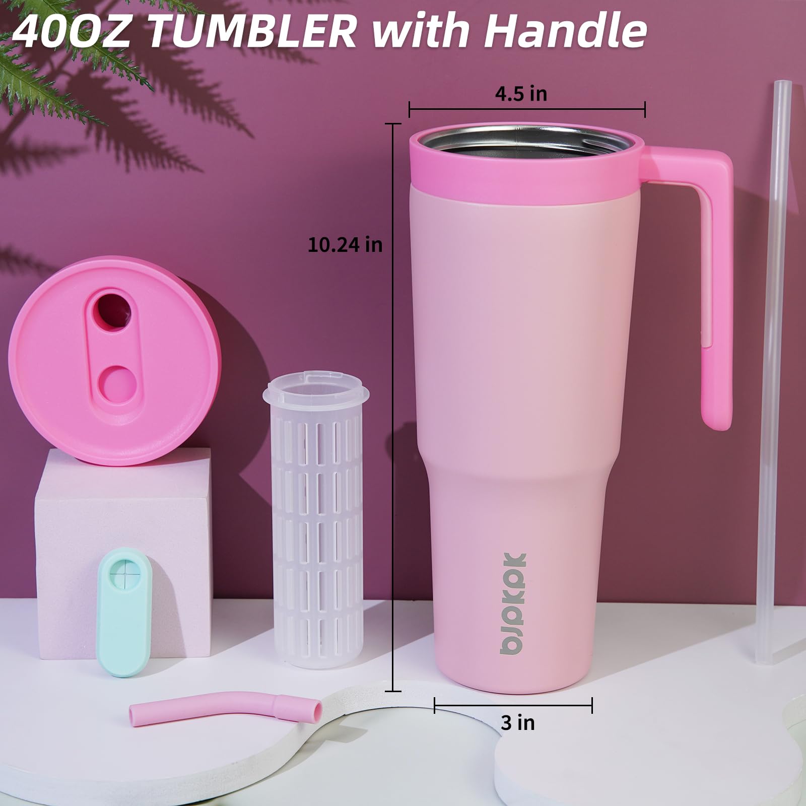 BJPKPK Insulated Tumblers With Handle And Straw 40oz Stainless Steel Travel Coffee Mug Tumbler Cups With Lid And Fruit Infuser,Light Pink