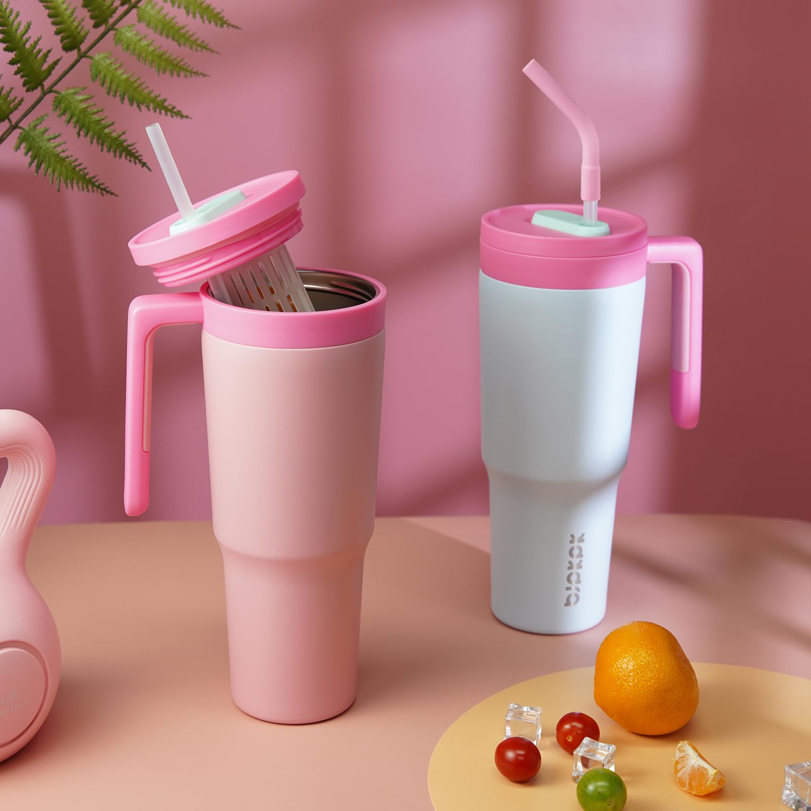 BJPKPK Insulated Tumblers With Handle And Straw 40oz Stainless Steel Travel Coffee Mug Tumbler Cups With Lid And Fruit Infuser,Light Pink