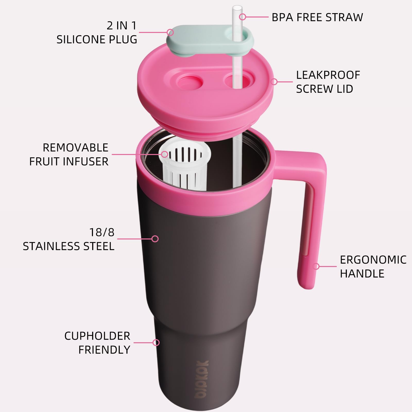 BJPKPK 40oz Tumbler With Handle And Fruit Infuser Insulated Tumblers With Lid And Straw Stainless Steel Travel Coffee Thermal Cup,Grey