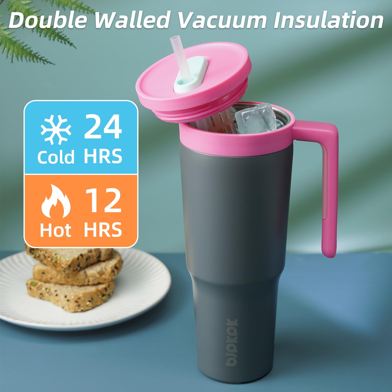 BJPKPK 40oz Tumbler With Handle And Fruit Infuser Insulated Tumblers With Lid And Straw Stainless Steel Travel Coffee Thermal Cup,Grey