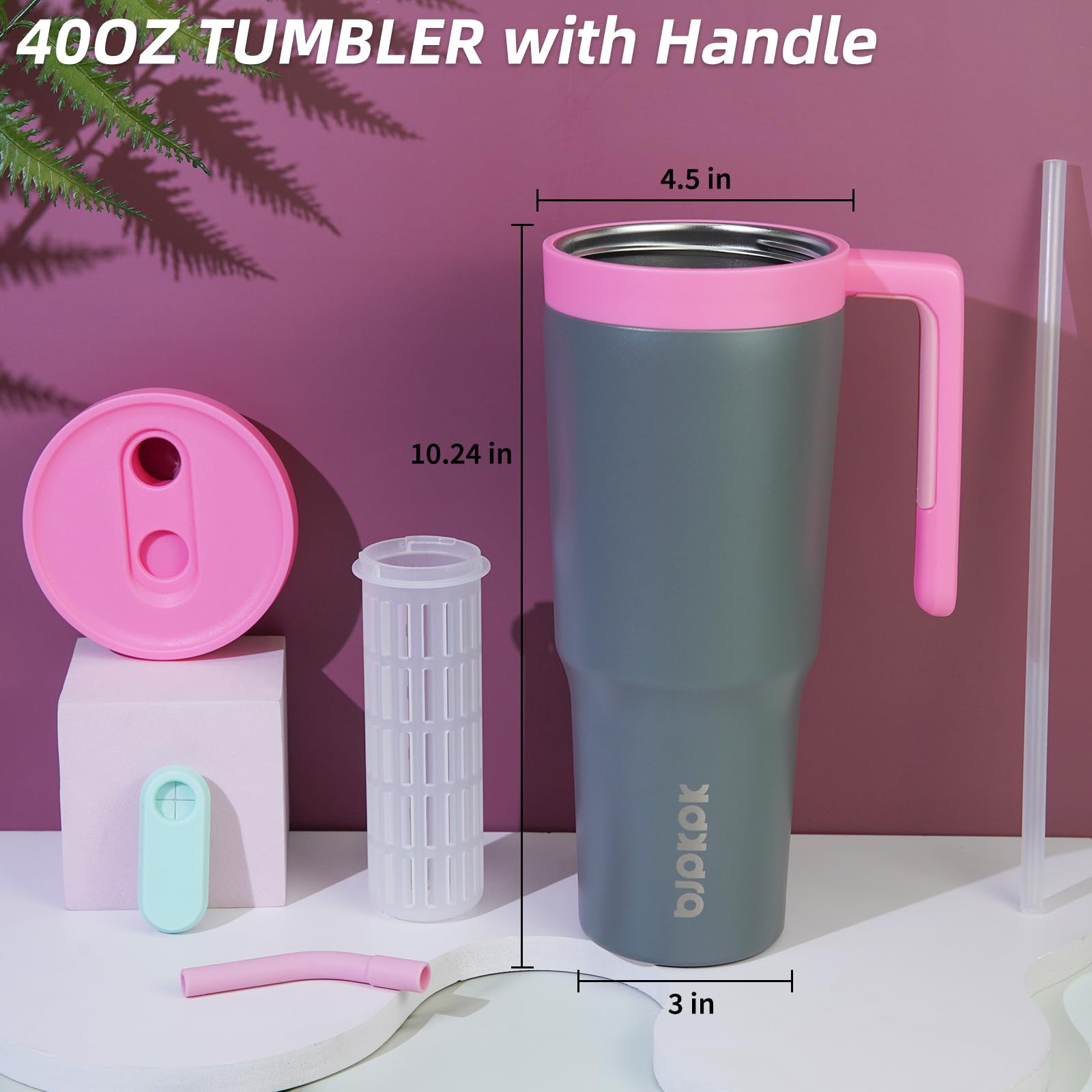 BJPKPK 40oz Tumbler With Handle And Fruit Infuser Insulated Tumblers With Lid And Straw Stainless Steel Travel Coffee Thermal Cup,Grey